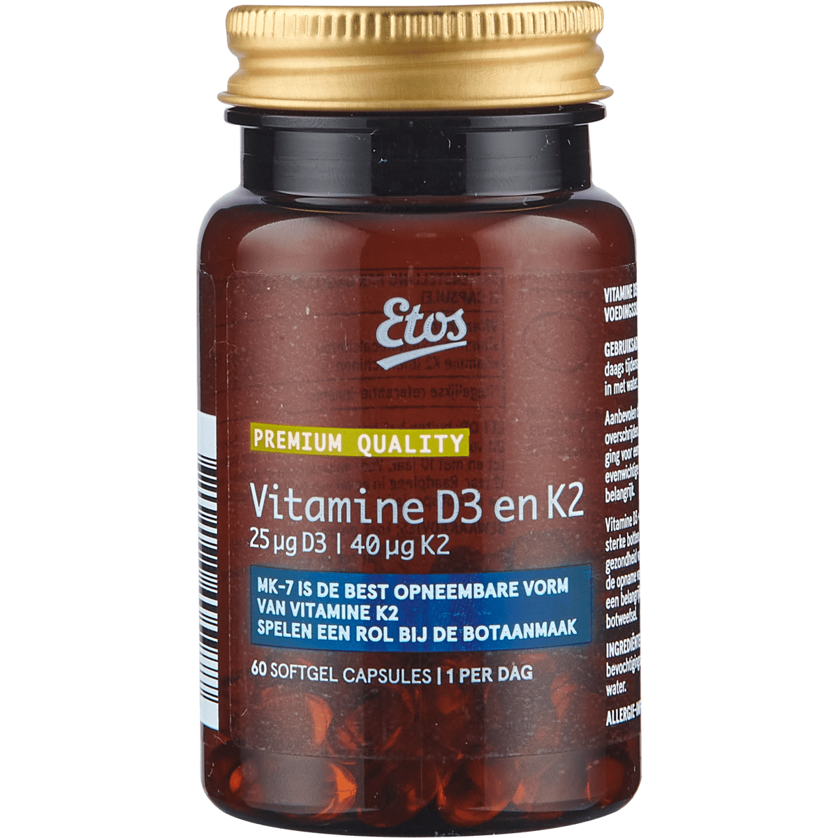 Etos Premium Vitamine D3 en K2 bevat 25ug D3 en 40ug K2 60 stuks 60 EA | Etos