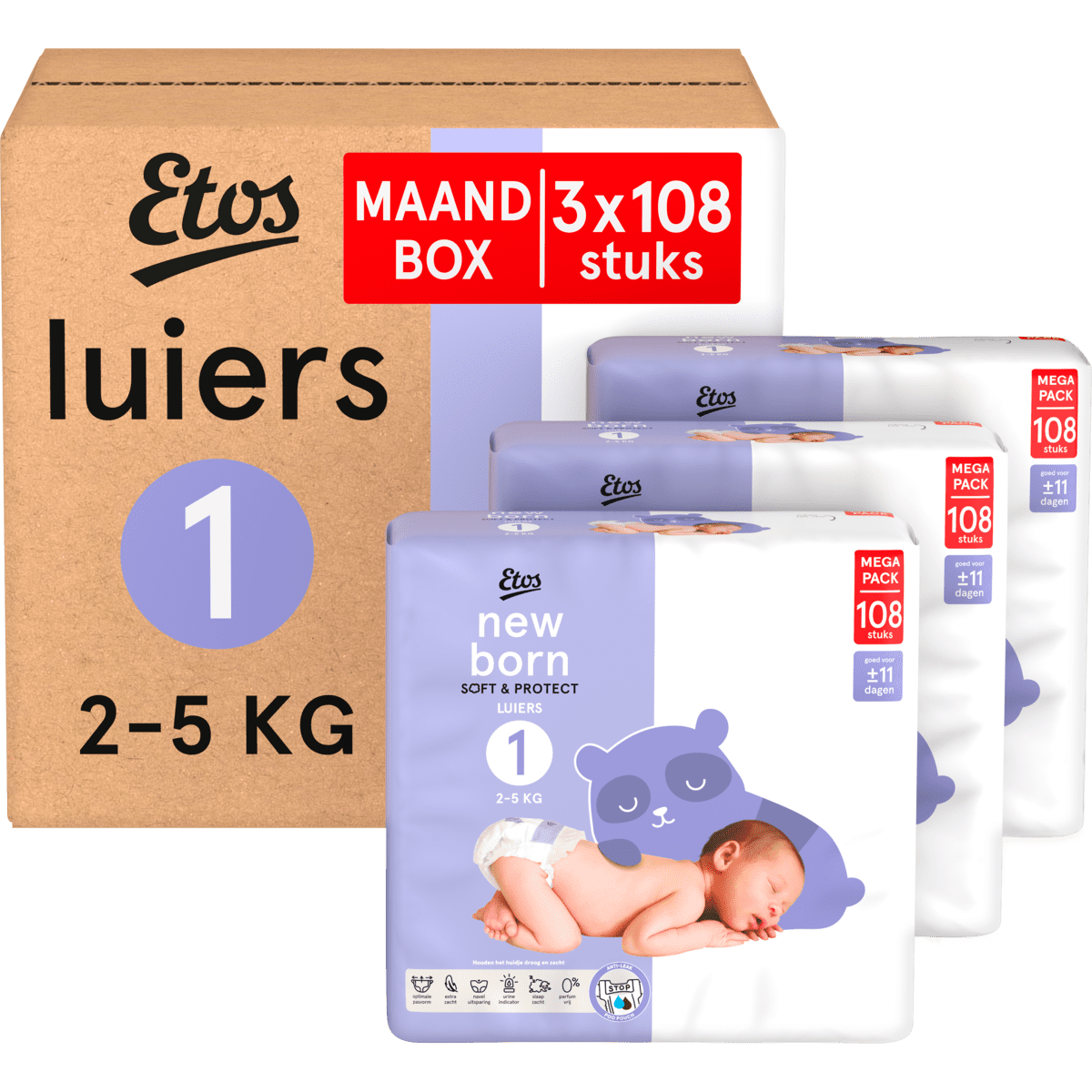 Etos Luiers Newborn Maat 1 2-5 kg Maandbox 324 Stuks 324 EA | Etos