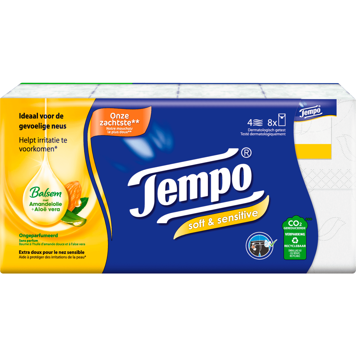Tempo Plus Sensitive Skin 4-Laags Zakdoekjes 8 pakjes 8 EA | Etos